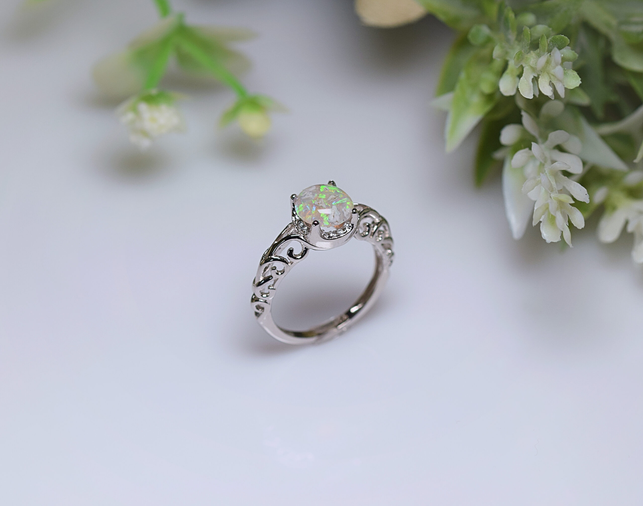 Cremation Ashes & Memorial Gothic Claw Ring 'Aurora' Peppermint Ice Opal - Amulet of Ashes